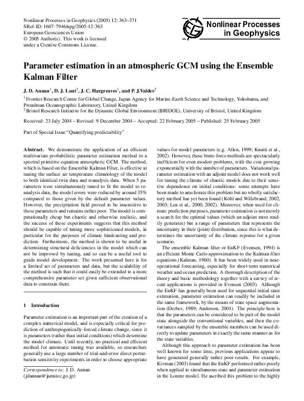 (PDF) Parameter estimation in an atmospheric GCM using the Ensemble