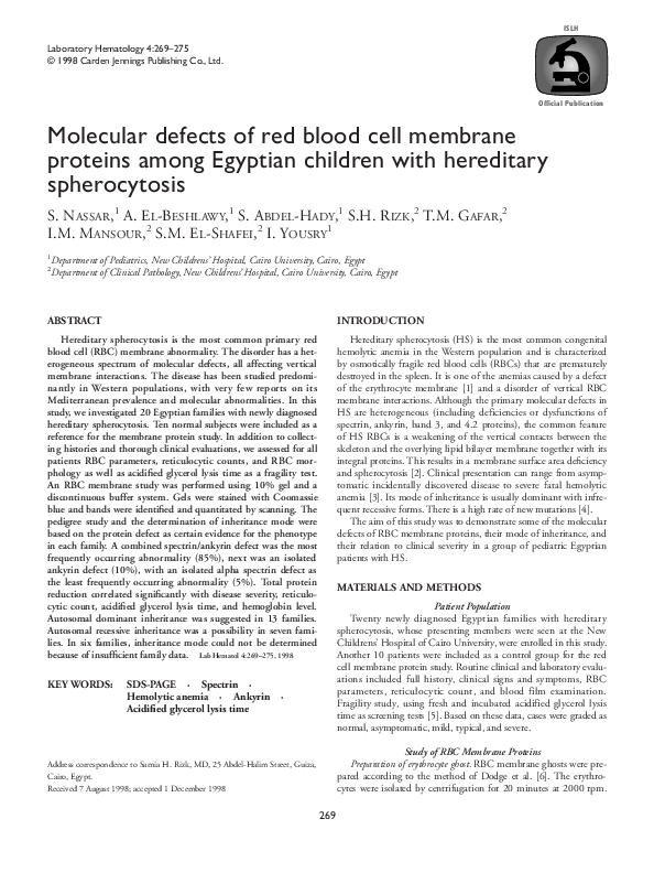 (PDF) Molecular defects of red blood cell membrane proteins among ...