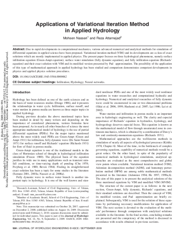 Pdf Applications Of Variational Iteration Method In Applied Hydrology