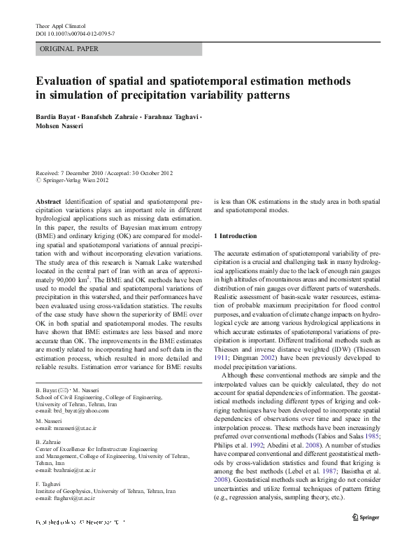 Pdf Evaluation Of Spatial And Spatiotemporal Estimation Methods In Simulation Of Precipitation