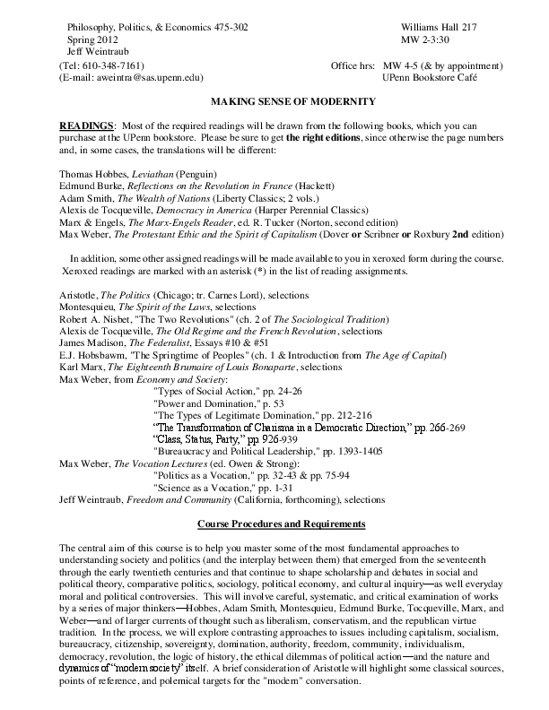 (PDF) Making Sense of Modernity – Course Syllabus (Spring 2012)