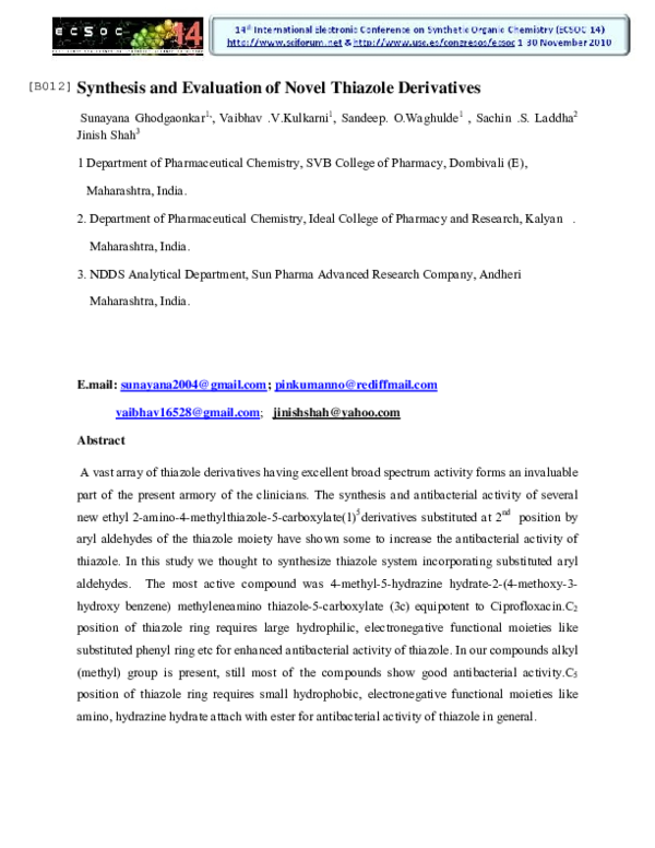 (PDF) Synthesis and Evaluation of Novel Thiazole Derivatives