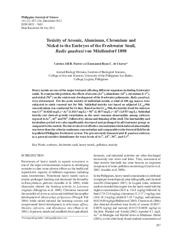 (PDF) Toxicity of Arsenic, Aluminum, Chromium and Nickel to the Embryos ...
