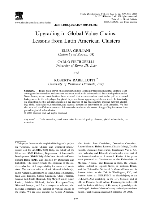 (PDF) Upgrading in global value chains: lessons from Latin American clusters