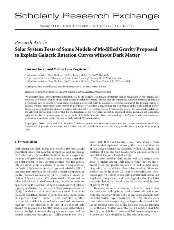 Pdf Solar System Tests Of Some Models Of Modified Gravity Proposed To
