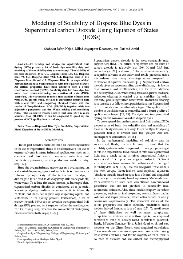 (PDF) Modeling of Solubility of Disperse Blue Dyes in Supercritical carbon Dioxide Using ...