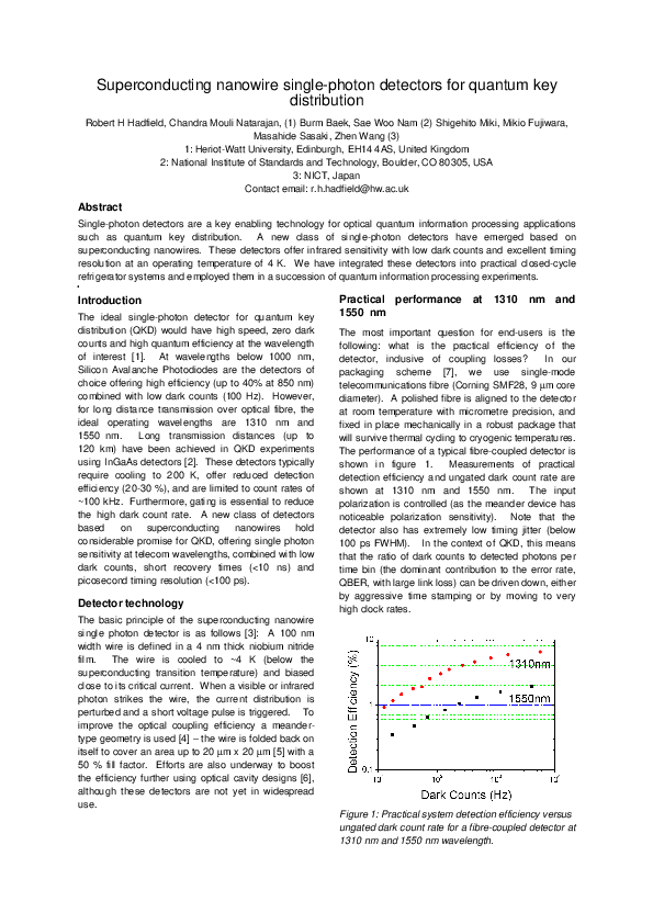 (PDF) Superconducting nanowire single-photon detectors for quantum key distribution