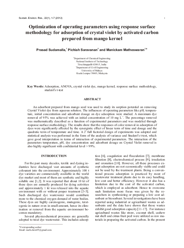 Pdf Optimization Of Operating Parameters Using Response Surface