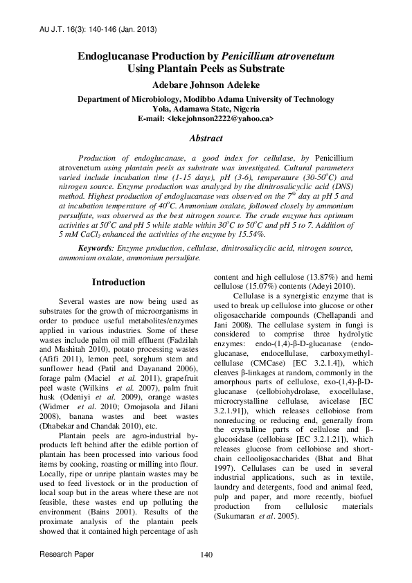(PDF) Endoglucanase Production by Penicillium atrovenetum Using Plantain Peels as Substrate