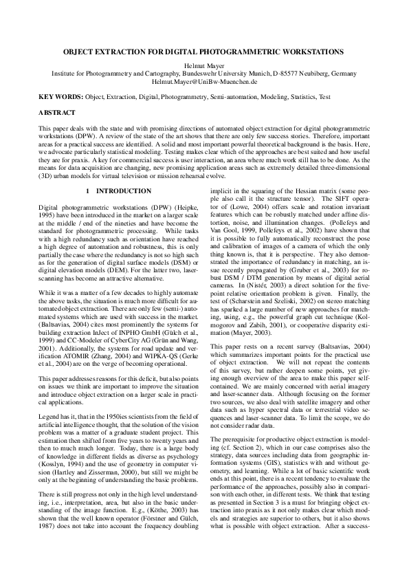 (PDF) OBJECT EXTRACTION FOR DIGITAL PHOTOGRAMMETRIC WORKSTATIONS