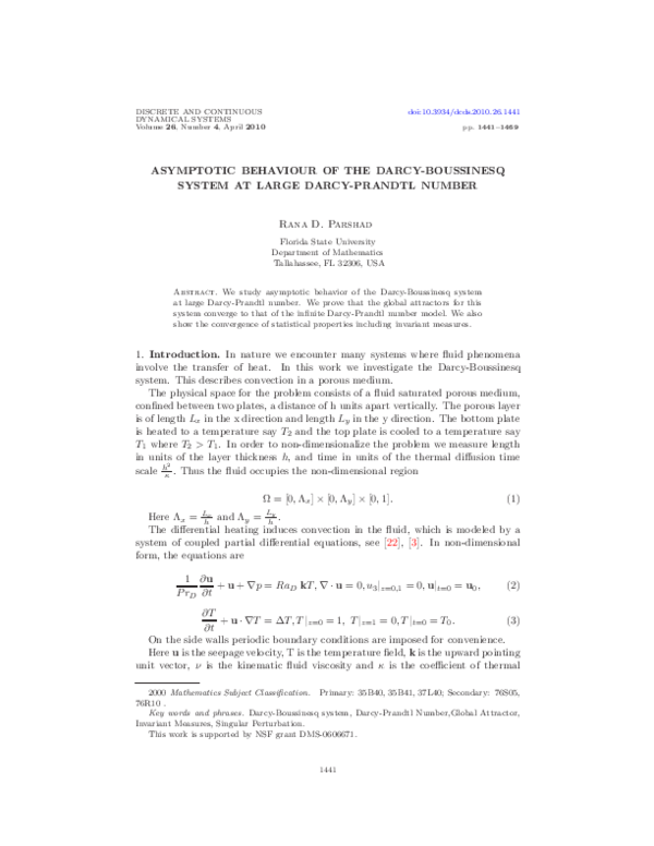 (PDF) ASYMPTOTIC BEHAVIOUR OF THE DARCY-BOUSSINESQ SYSTEM AT LARGE DARCY-PRANDTL NUMBER