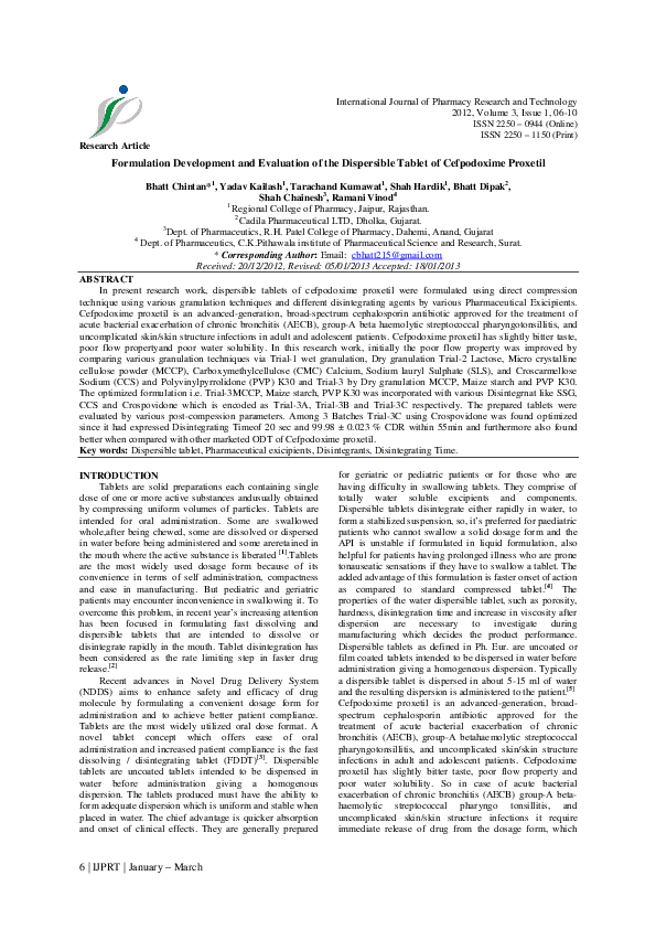 Pdf Formulation Development And Evaluation Of The Dispersible Tablet Of Cefpodoxime Proxetil