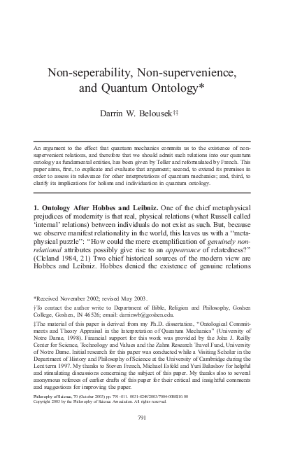 (PDF) Non-separability, Non-supervenience, and Quantum Ontology