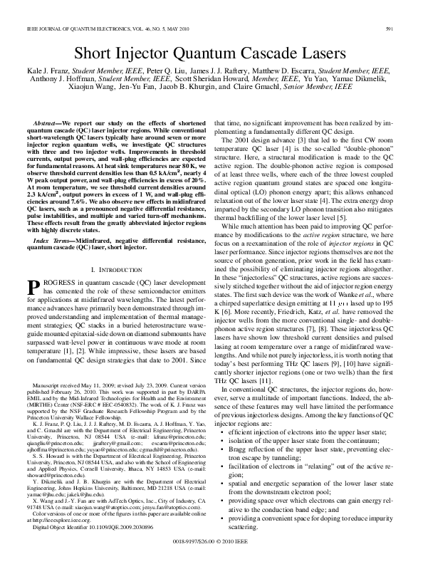 (PDF) Short injector quantum cascade lasers