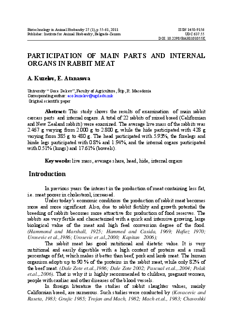 (PDF) Participation of main parts and internal organs in rabbit meat