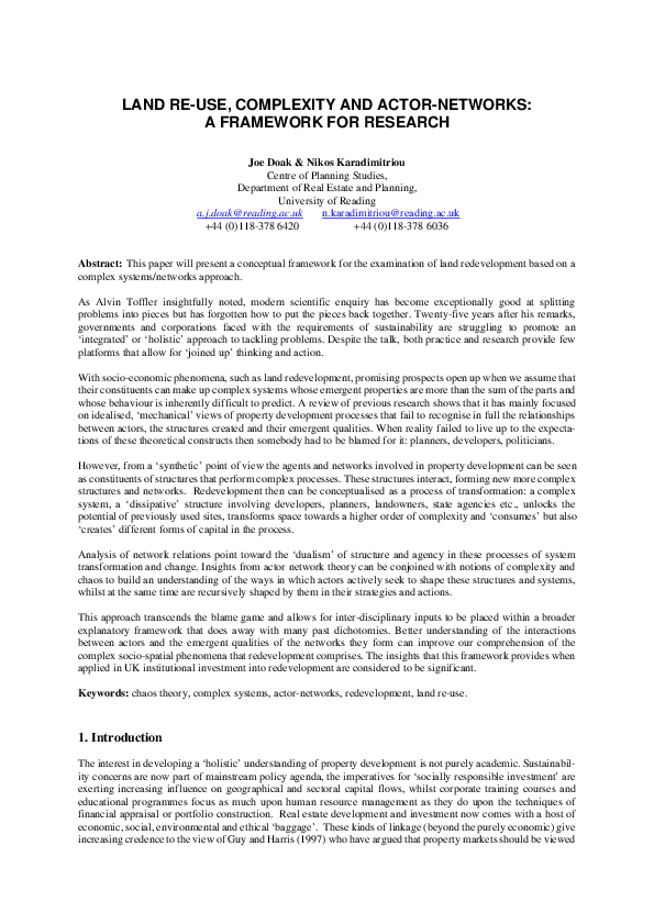 (PDF) Land ReUse, Complexity And Actor-Networks: A Framework For Research