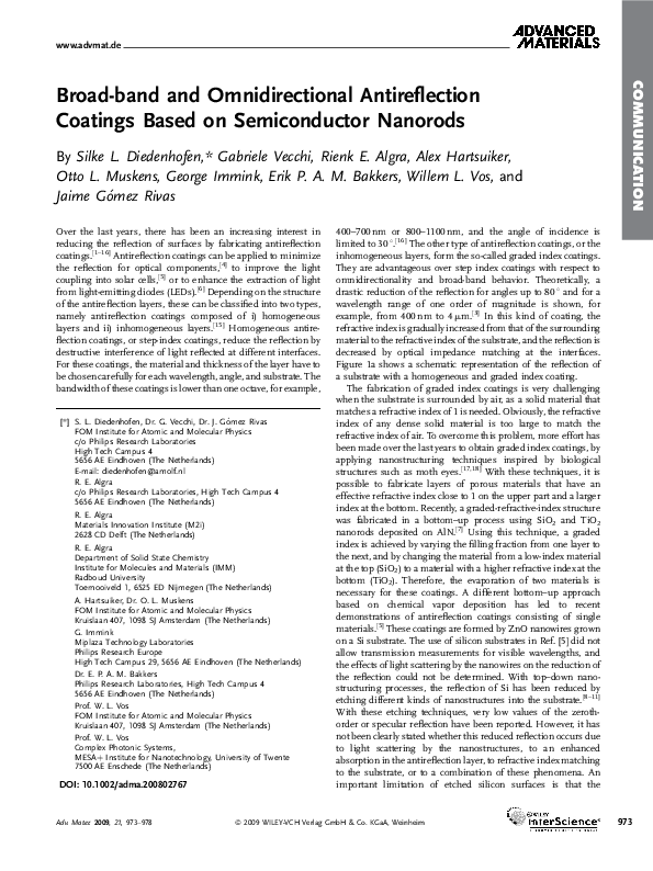 Pdf Broad Band And Omnidirectional Antireflection Coatings Based On Semiconductor Nanorods