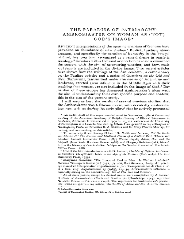 (PDF) The Paradise of Patriarchy: Ambrosiaster on Woman as (Not) God's ...