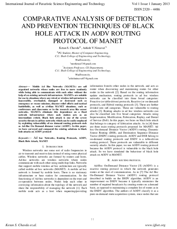 Pdf Comparative Analysis Of Detection And Prevention Techniques Of Black Hole Attack In Aodv