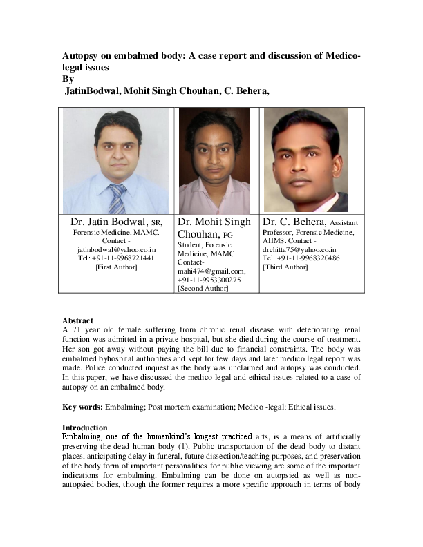 (DOC) Autopsy on embalmed body: A case report and discussion of Medico ...