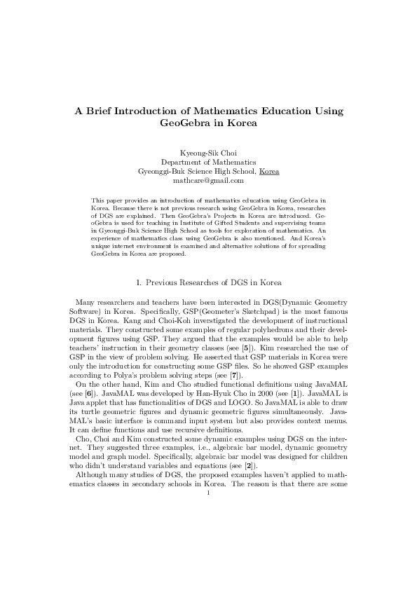 (PDF) A Brief Introduction of Mathematics Education Using GeoGebra in Korea