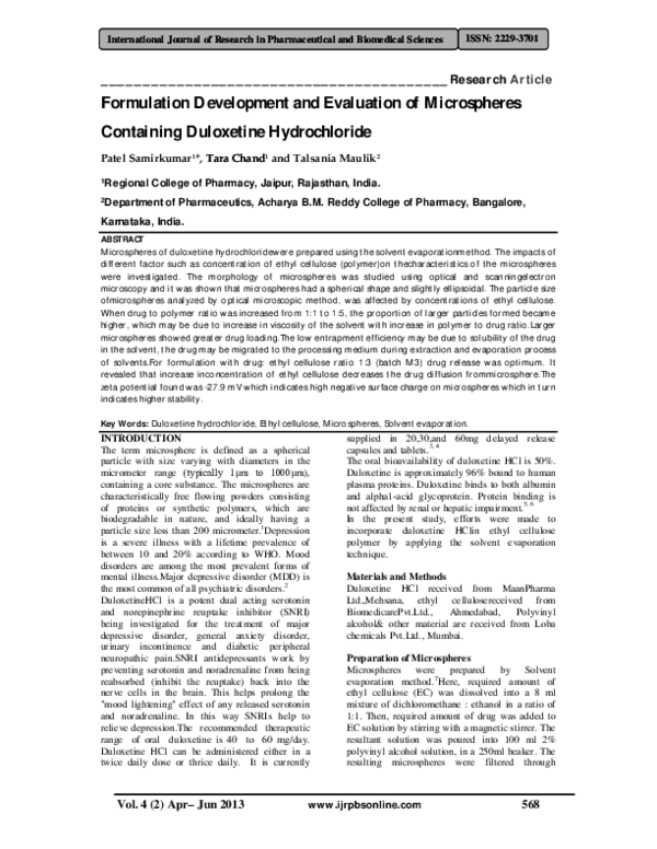 Pdf Formulation Development And Evaluation Of Microspheres Containing Duloxetine Hydrochloride