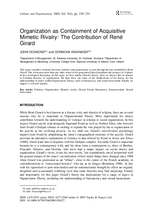 (PDF) Organization as containment of acquisitive mimetic rivalry: the ...