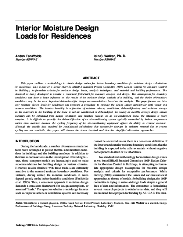 (PDF) Interior Moisture Design Loads for Residences