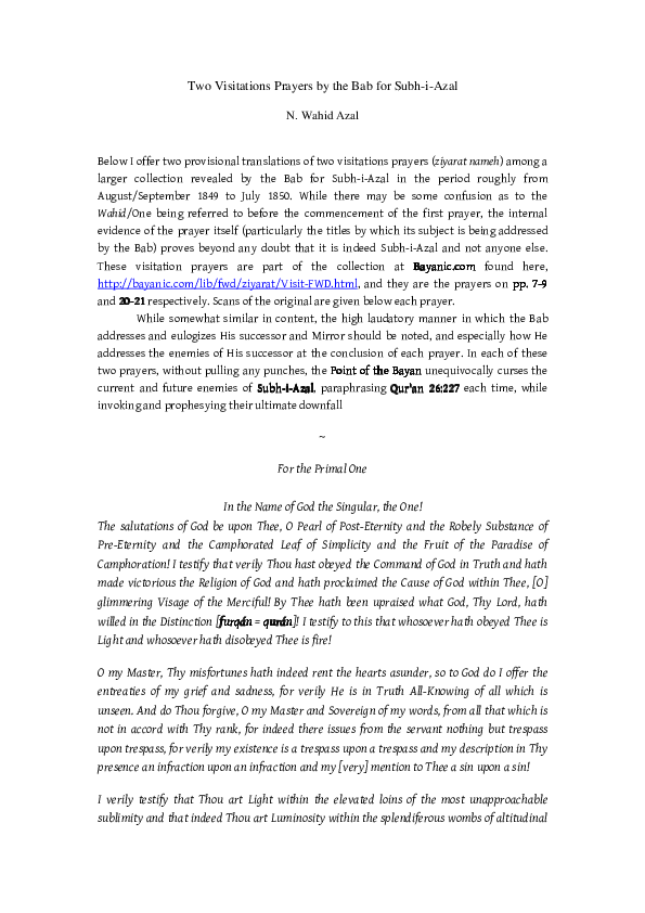 (PDF) Two visitation prayers by the Bab for Subh-i-Azal