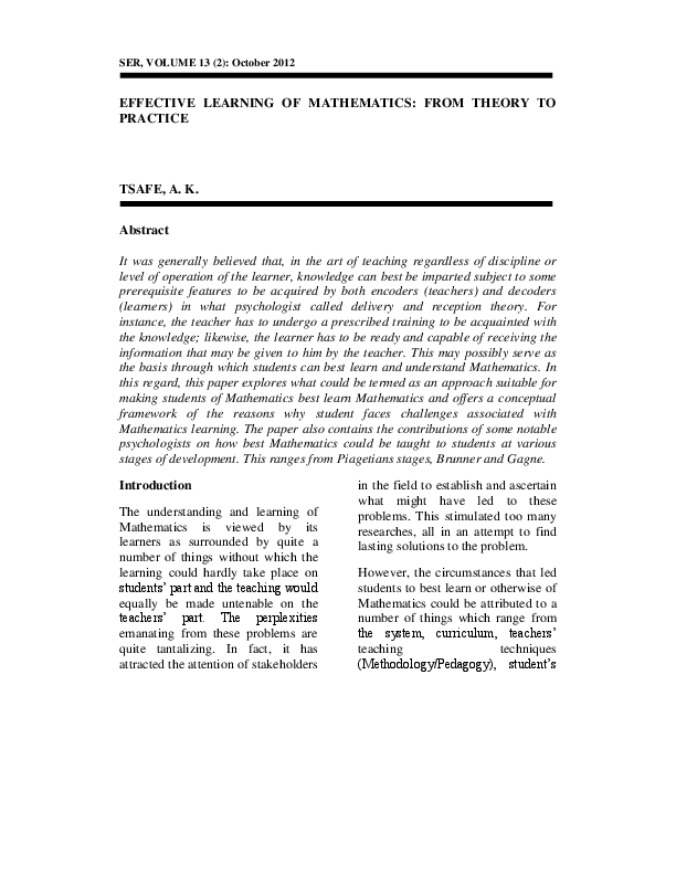 (PDF) Effective Learning of Mathematics: From theory to Practice