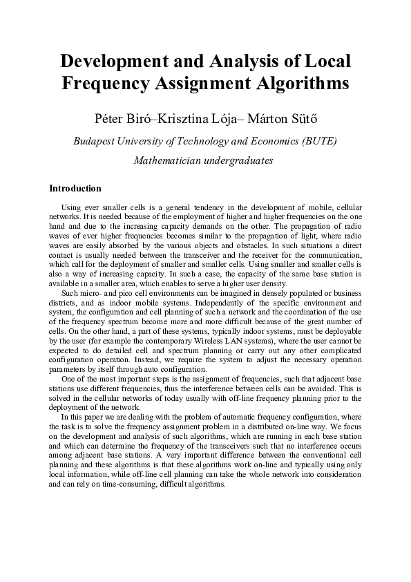 (DOC) Development and Analysis of Local Frequency Assignment Algorithms. Péter Biró–Krisztina ...