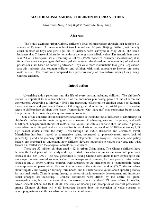 (PDF) Materialism among children in urban China