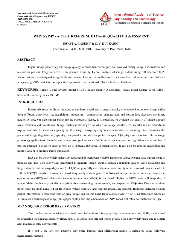 (PDF) Why SSIM? - A Full Reference Image Quality Assessment