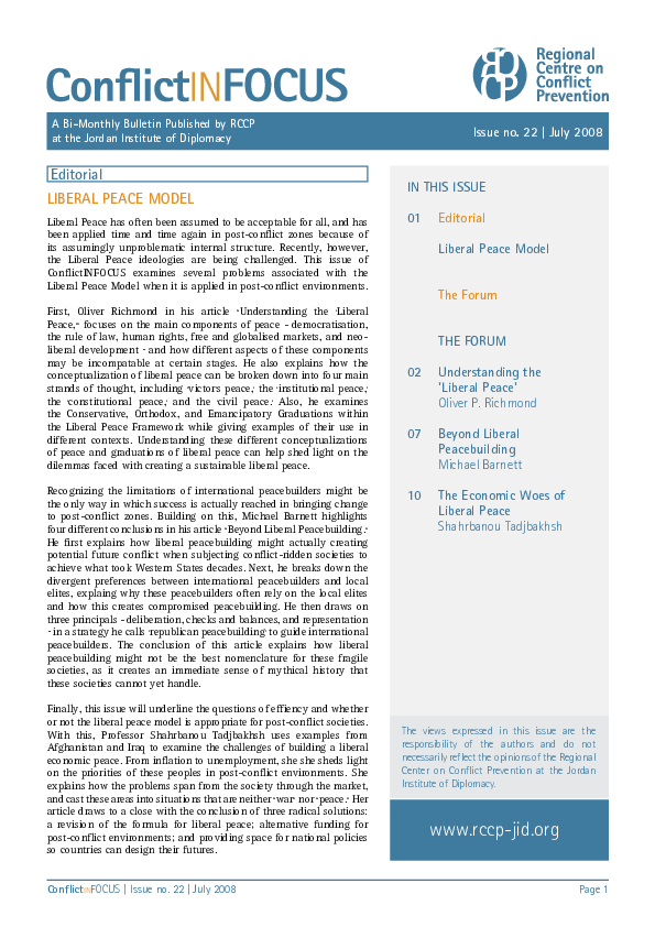 (PDF) “Economic Woes of Liberal Peace”, Conflict INFOCUS, Journal of ...