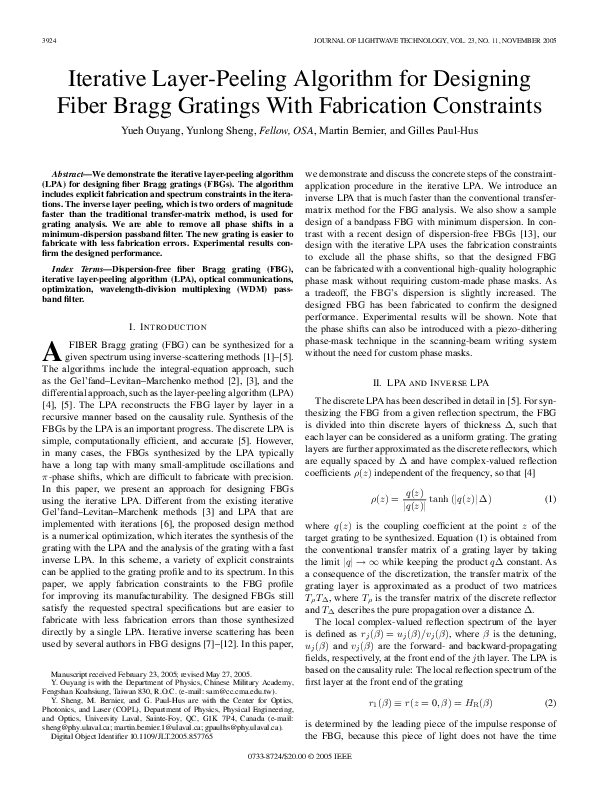 (PDF) Iterative Layer-peeling algorithm for designing fiber Bragg gratings with fabrication ...
