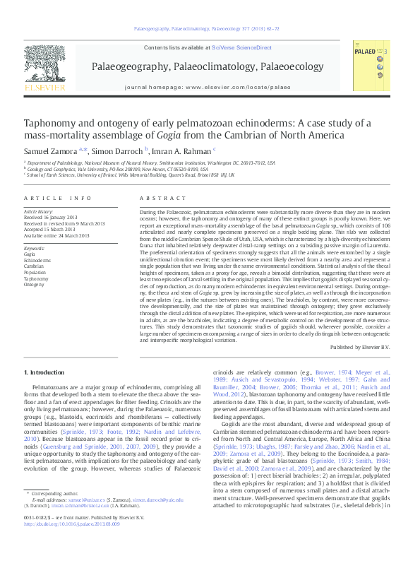 (PDF) Taphonomy and ontogeny of early pelmatozoan echinoderms: a case ...