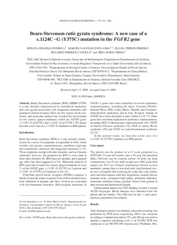 (PDF) Beare-Stevenson cutis gyrata syndrome: A new case of a c.1124C G ...