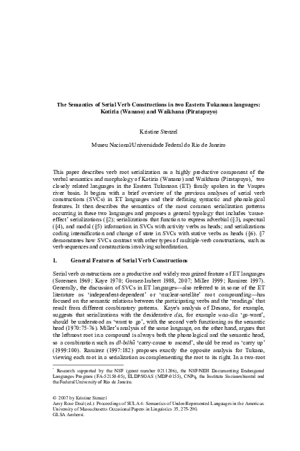 (PDF) The Semantics of Serial Verb Constructions in two Eastern Tukanoan languages: Kotiria ...