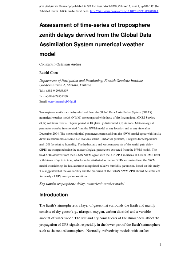 (PDF) Assessment of time-series of troposphere zenith delays derived from the Global Data ...