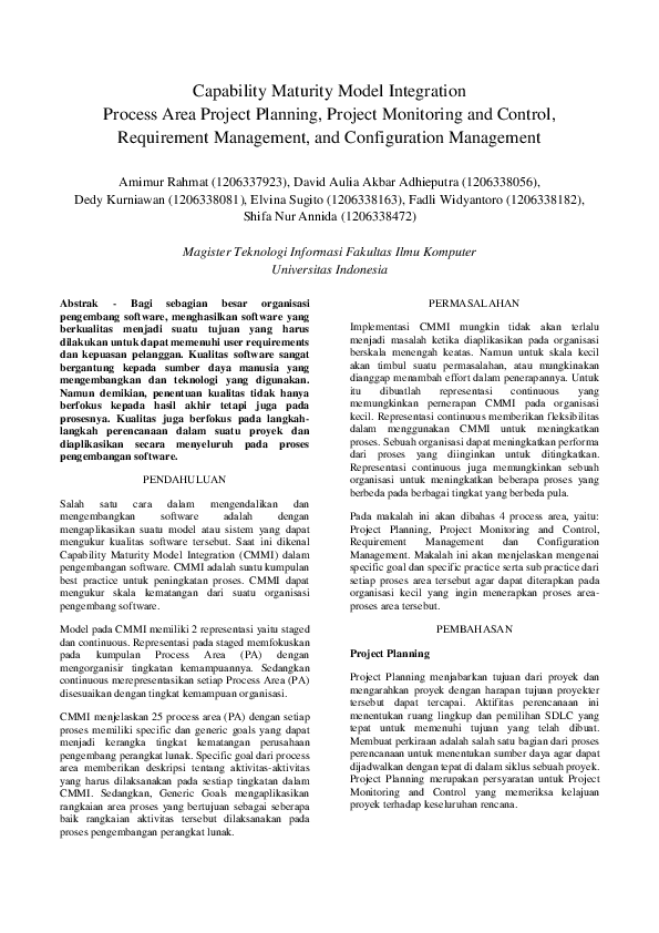 (PDF) Capability Maturity Model Integration Process Area Project ...