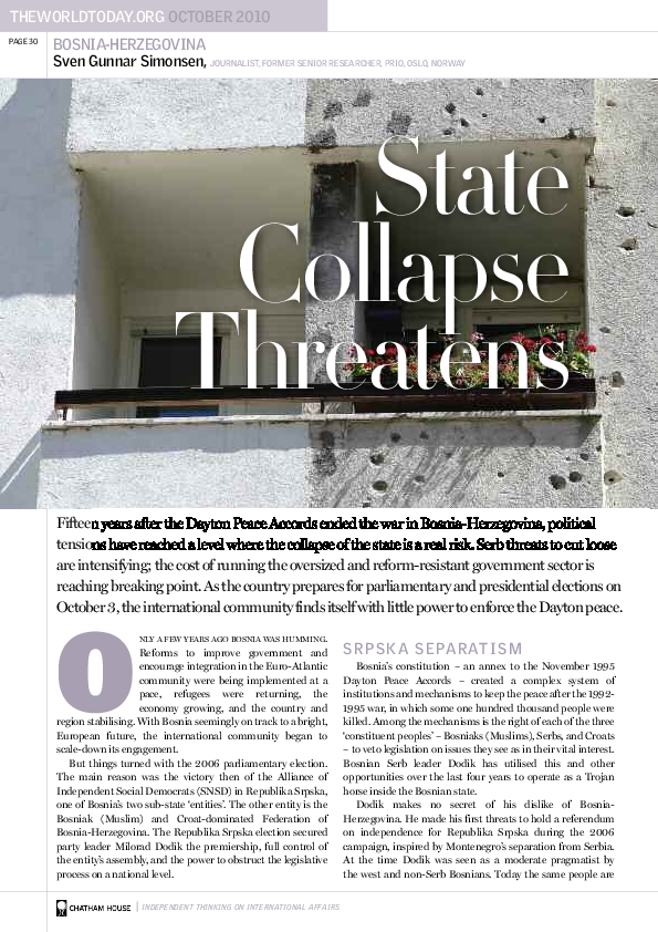 (PDF) Bosnia-Herzegovina: State collapse threatens | Sven Gunnar ...