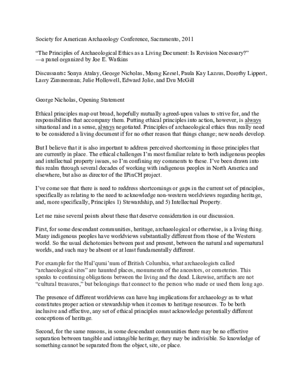 (PDF) Comments on “The Principles of Archaeological Ethics as a Living ...