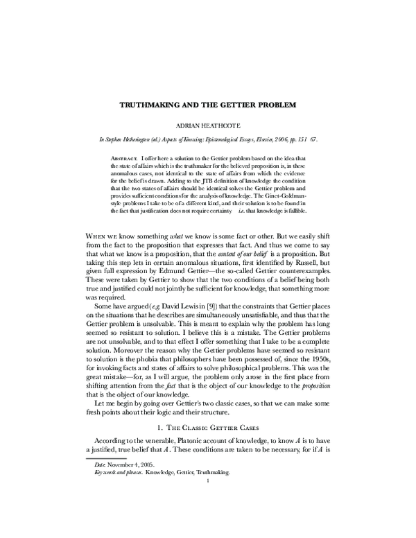 (PDF) Truthmaking and the Gettier Problem