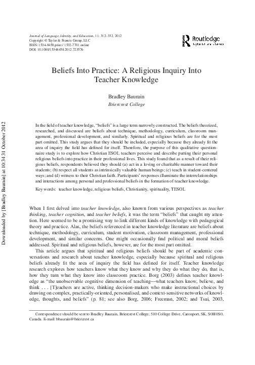 (PDF) Beliefs Into Practice: A Religious Inquiry Into Teacher Knowledge