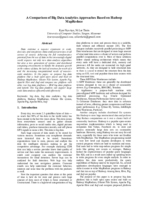 (DOC) A Comparison of Big Data Analytics Approaches Based on Hadoop MapReduce