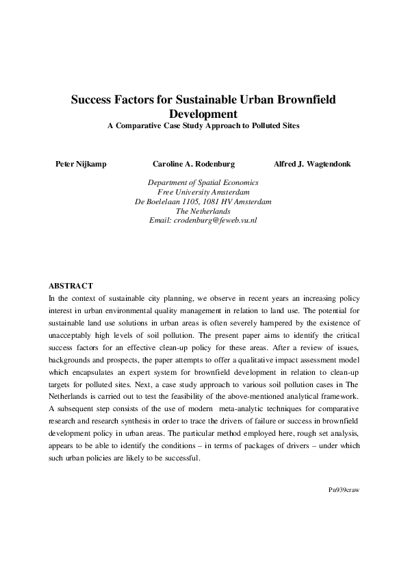 (PDF) Success factors for sustainable urban brownfield development: A ...