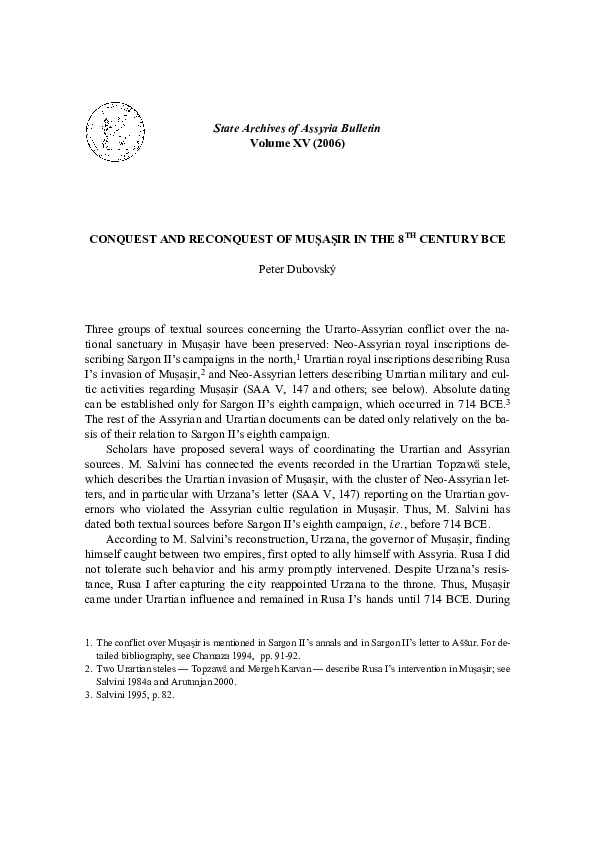 (PDF) Dubovský, Peter. "Conquest and Reconquest of Musasir in the 8th ...