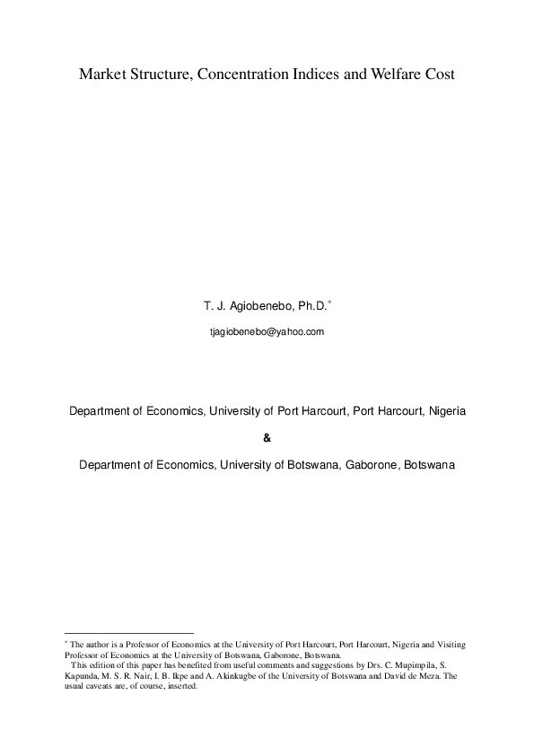 (PDF) Market Structure, Concentration Indices and Welfare Cost