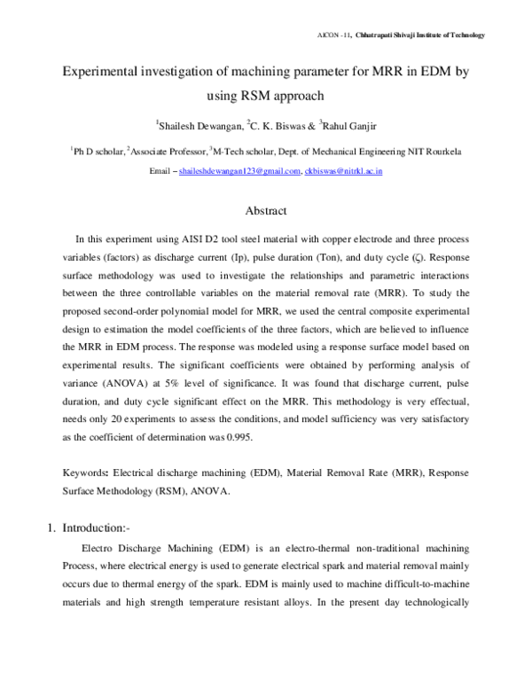 Doc Experimental Investigation Of Machining Parameter For Mrr In Edm By Using Rsm Approach