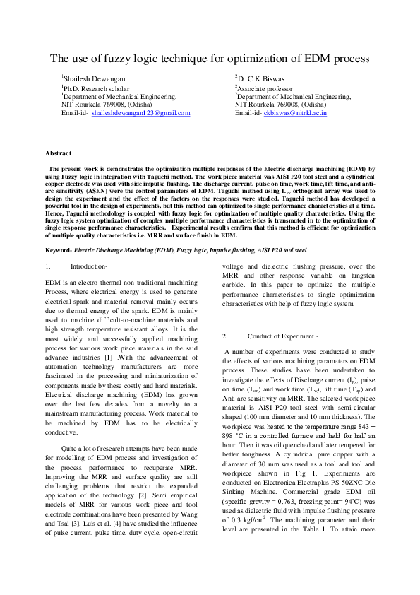 (DOC) The Use of Fuzzy Logic Technique for Optimization of EDM Process